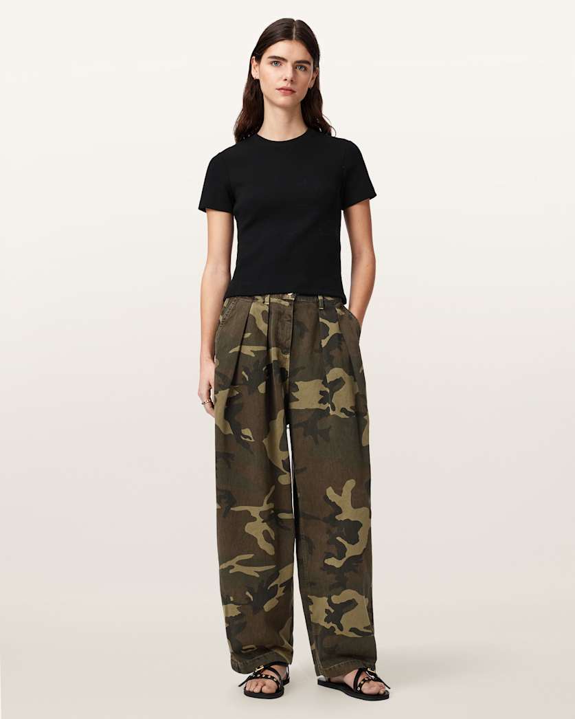 Becca Camo Denim Barrel Leg Trousers CAMO GREEN | ALLSAINTS